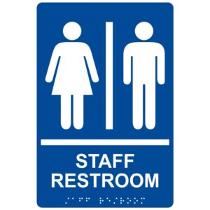 compliancesigns.com staff restroom sign, ada-compliant braille and raised letters, 9x6 inch white on blue acrylic with adhesive mounting strips