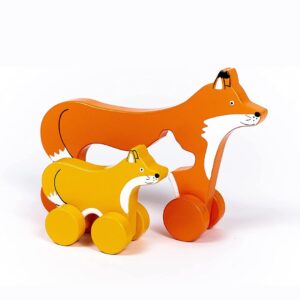 big & little fox push toy by jack rabbit creations- 2 in 1 wooden roller animals- pull stem toys for toddlers develops coordination and fine motor skills- ages 18 months+