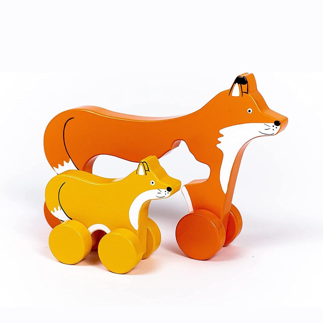 Big & Little Fox Push Toy by Jack Rabbit Creations- 2 in 1 Wooden Roller Animals- Pull STEM Toys for Toddlers Develops Coordination and Fine Motor Skills- Ages 18 Months+