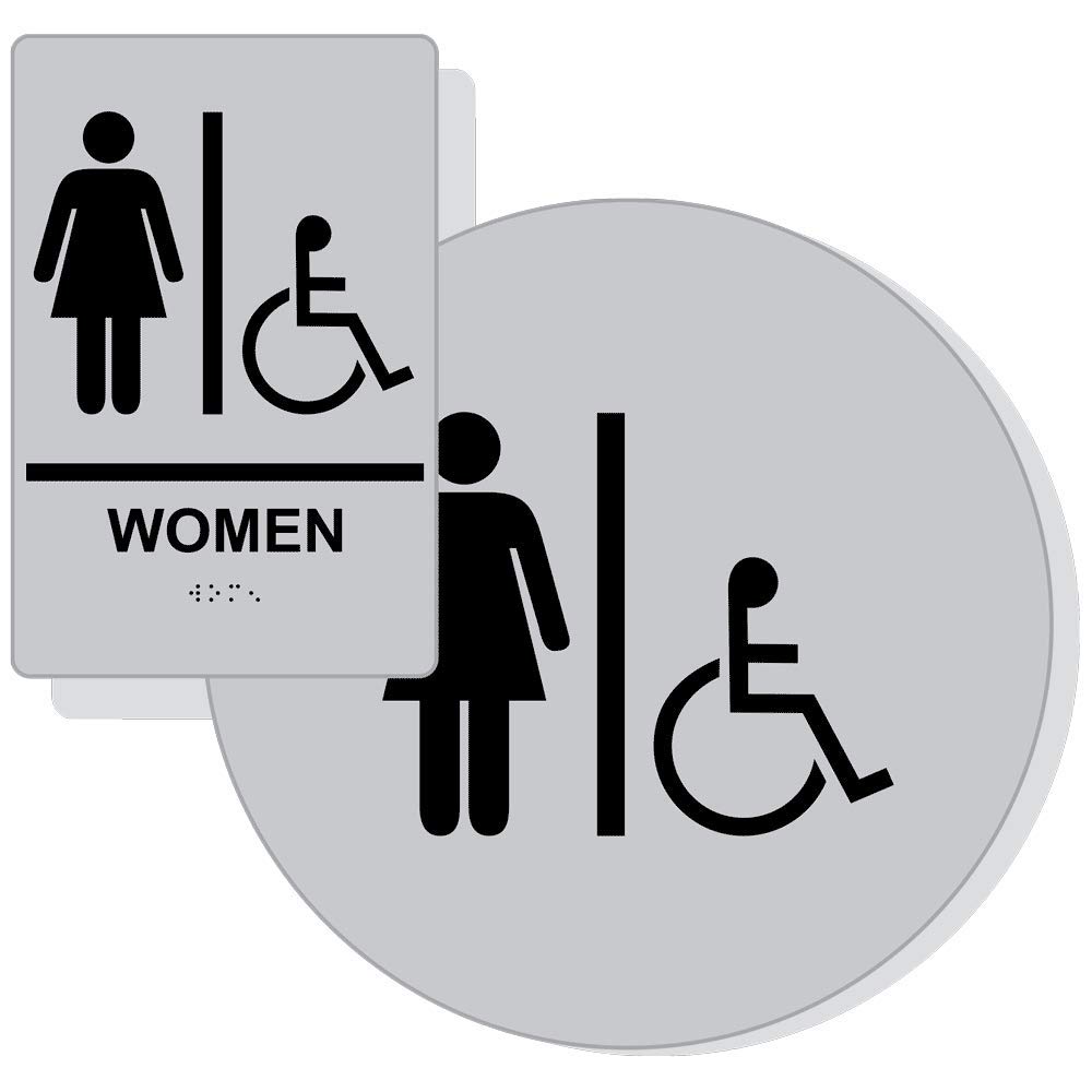 ComplianceSigns.com Accessible Women's Restroom Sign Set for Wall/Door, ADA-Compliant Braille with Symbol, Black on Silver Acrylic