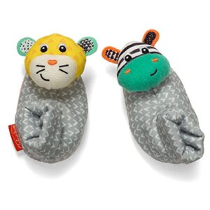 infantino foot rattles, zebra & cheetah, soft baby sock rattles - encourages hand-eye coordination, discovery toy - machine washable