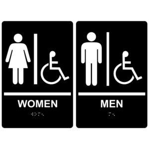 compliancesigns.com women and men restroom sign set, ada-compliant braille and raised letters, 9x6 inch white on black acrylic with mounting strips