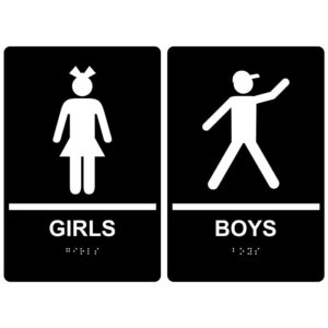 compliancesigns.com girls boys set restroom sign set, ada-compliant braille and raised letters, 9x6 in. white on black acrylic with mounting strips