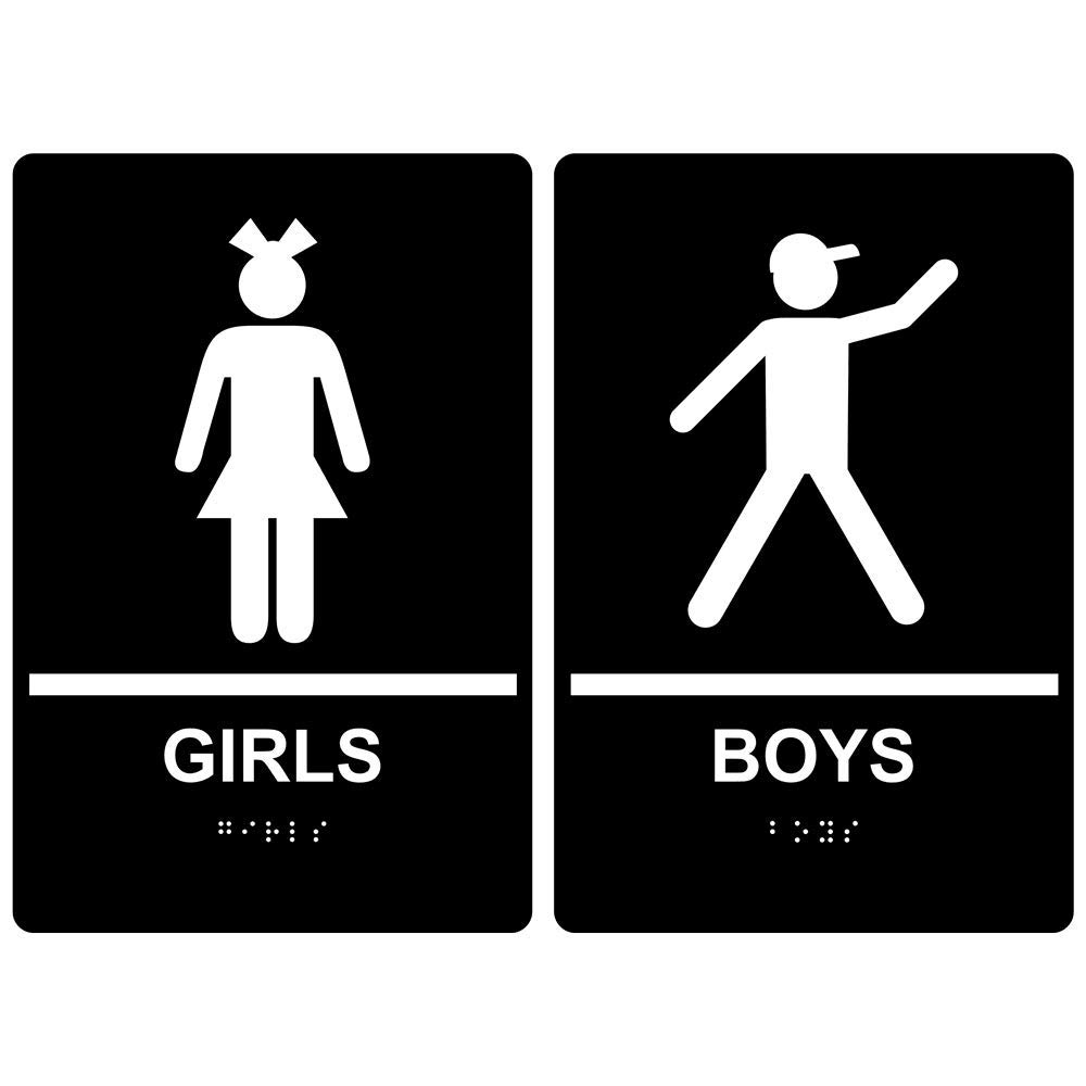 ComplianceSigns.com Girls Boys Set Restroom Sign Set, ADA-Compliant Braille and Raised Letters, 9x6 in. White on Black Acrylic with Mounting Strips