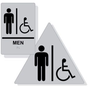 compliancesigns.com accessible men's restroom sign set for wall/door, ada-compliant braille with symbol, black on silver acrylic