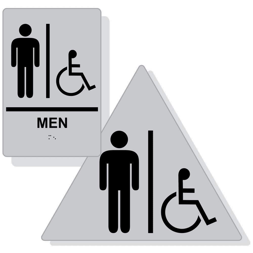 ComplianceSigns.com Accessible Men's Restroom Sign Set for Wall/Door, ADA-Compliant Braille with Symbol, Black on Silver Acrylic