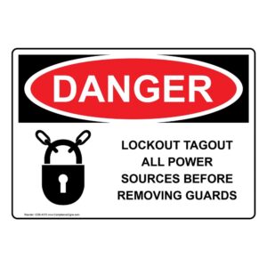 compliancesigns.com danger lockout tagout all power sources before removing guards osha safety label sticker decal, 5x3.5 in. 100-pack vinyl for machinery