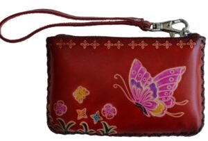 bpleathercraft leather change purse, handmade wallet, rectangle,a flying butterfly and flower (red-1)