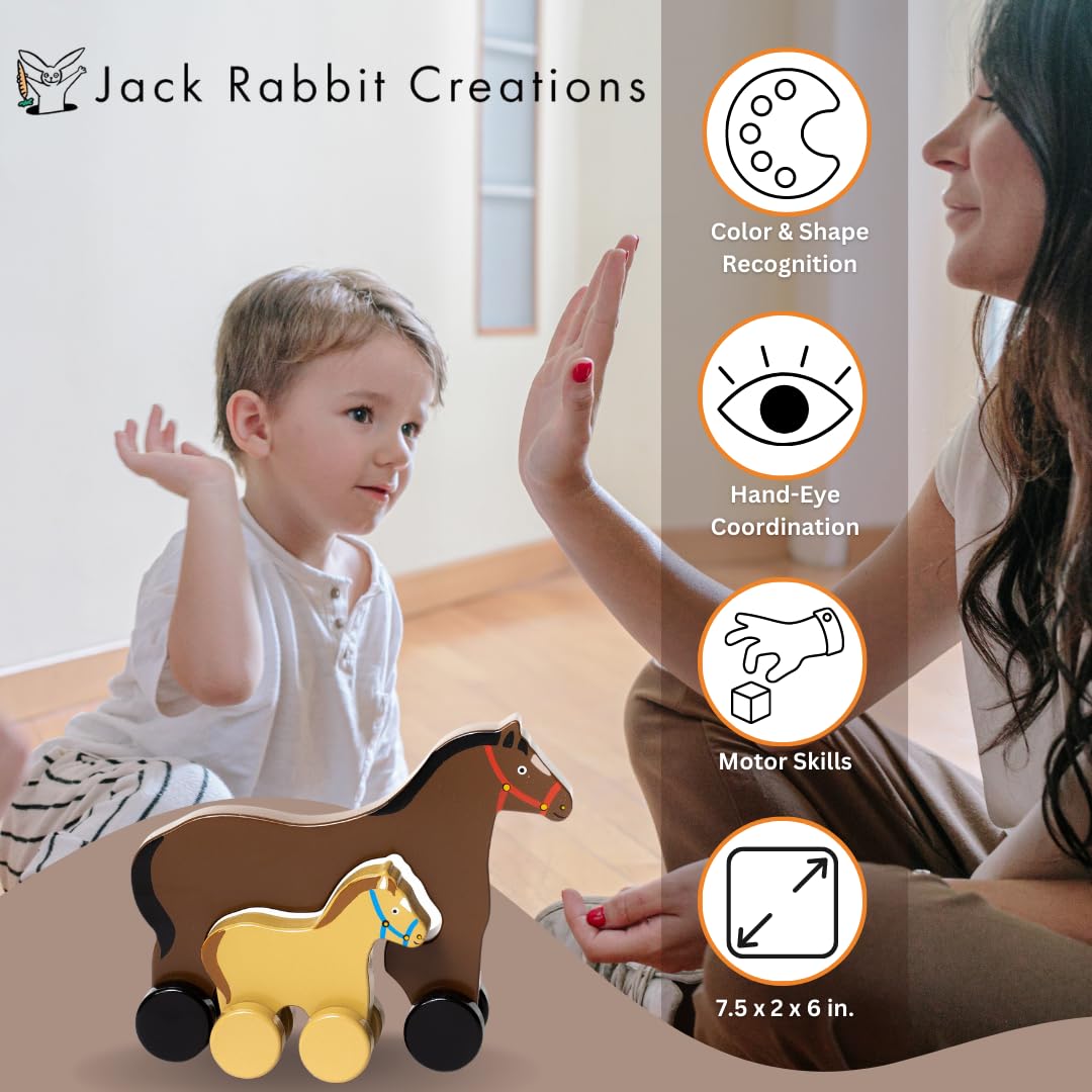 Jack Rabbit Creations Big & Little Horse Push Toy Adorable Nesting Animals Set is 2 Toys in 1 – Classic Rolling Wooden Toy – Develops Hand Eye Coordination & Motor Skills - Ages 18+ Months