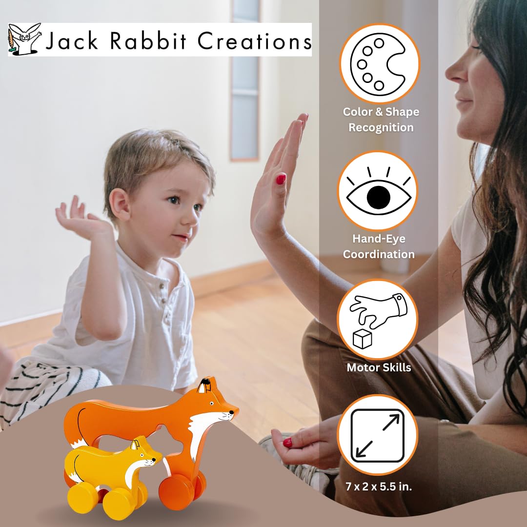 Big & Little Fox Push Toy by Jack Rabbit Creations- 2 in 1 Wooden Roller Animals- Pull STEM Toys for Toddlers Develops Coordination and Fine Motor Skills- Ages 18 Months+