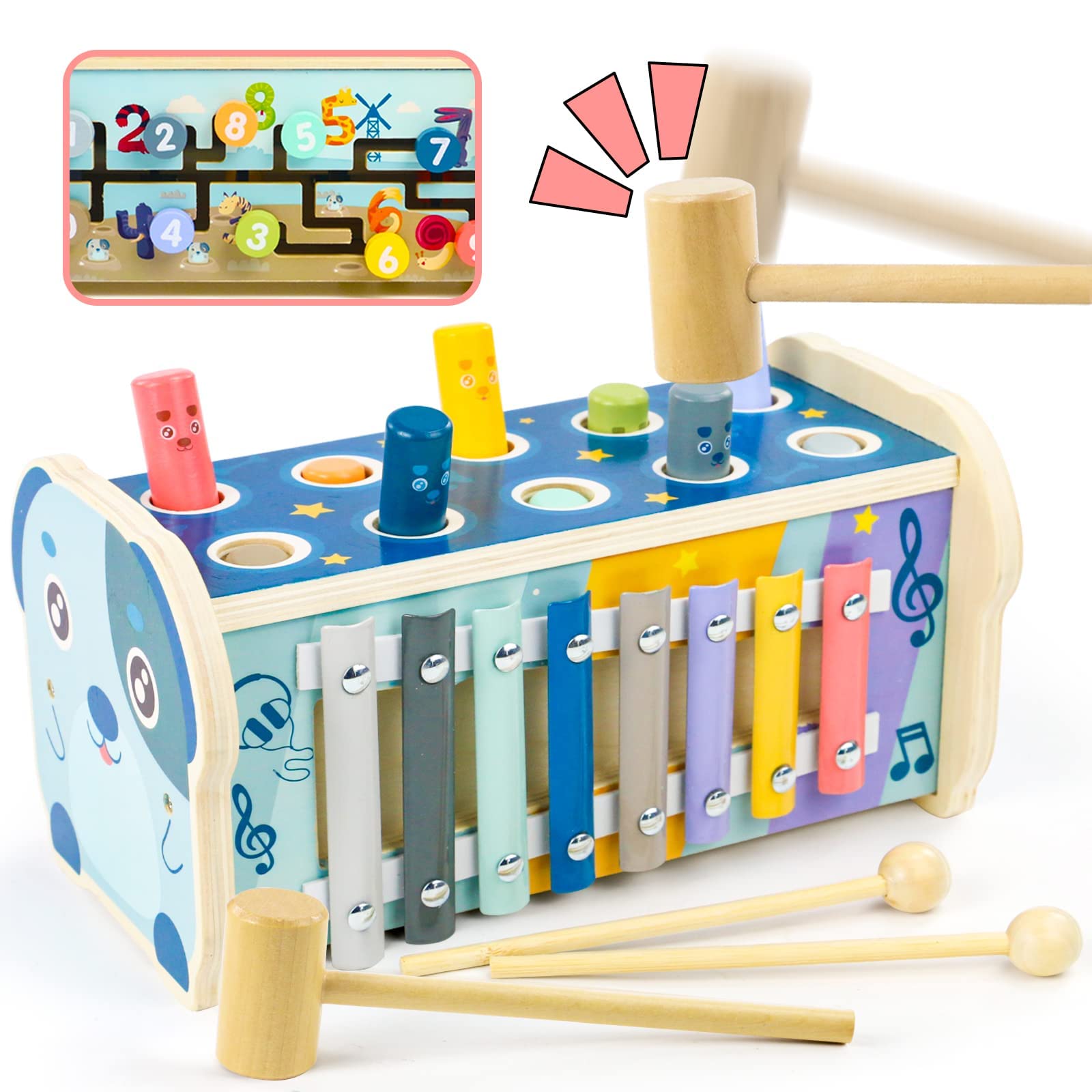 Montessori Toys for 1 Year Old -Baby Xylophone for Toddlers 1-3 Wooden Hammering Pounding Toys for 1 Year Old, Baby Montessori Toys 12 18 months, for 1 2 Year Old Toddlers Boys Girls