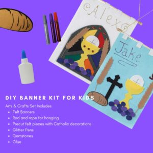 First Communion Banner Kit Arts and Crafts for Catholic Children, DIY Sunday School Church Activity with Felt and Glitter Pens, 16 Inch