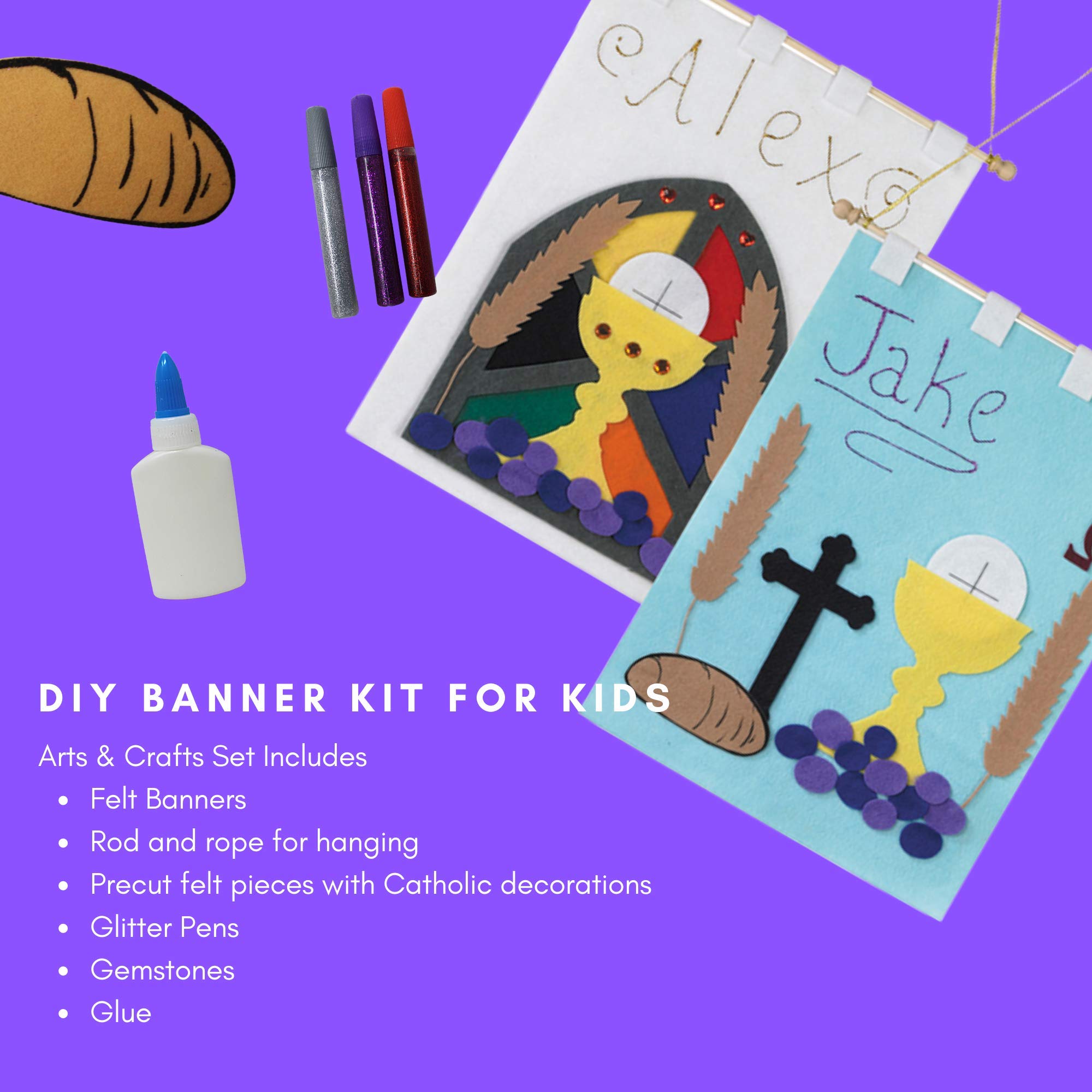 First Communion Banner Kit Arts and Crafts for Catholic Children, DIY Sunday School Church Activity with Felt and Glitter Pens, 16 Inch