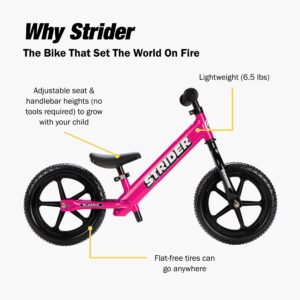 Strider 12" Classic Bike, Pink - No Pedal Balance Bicycle for Kids 1 to 3 Years - Includes Built-in Footrest, Handlebar Grips & Flat-Free Tires - Tool Free Adjustments & Assembly