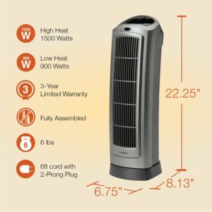 Lasko Portable Oscillating Ceramic Space Heater Tower with Digital Display, Remote Control, 2 Heat Settings and 8 Hour Timer, Gray