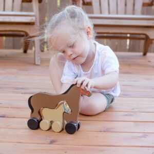 Jack Rabbit Creations Big & Little Horse Push Toy Adorable Nesting Animals Set is 2 Toys in 1 – Classic Rolling Wooden Toy – Develops Hand Eye Coordination & Motor Skills - Ages 18+ Months