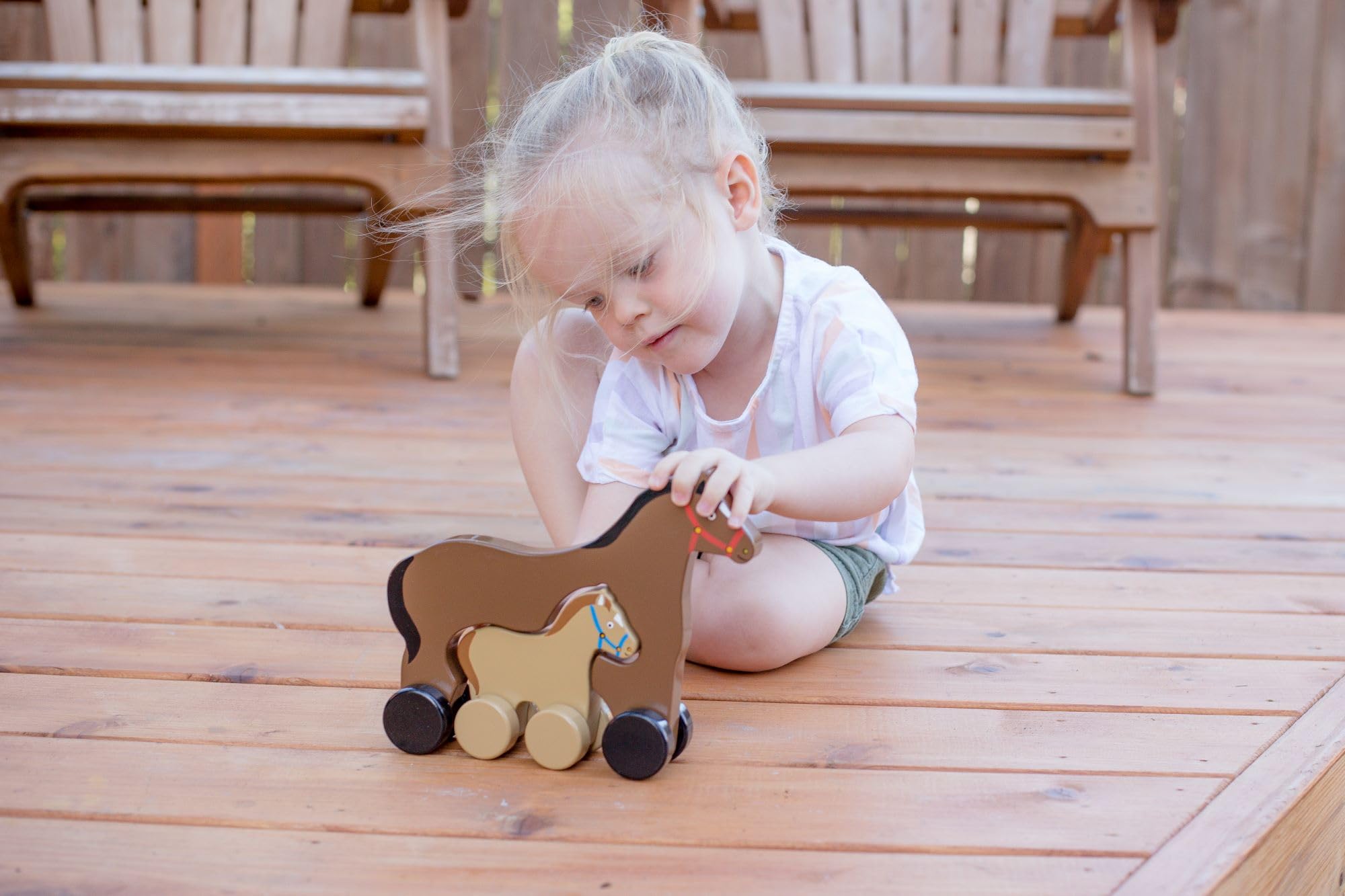 Jack Rabbit Creations Big & Little Horse Push Toy Adorable Nesting Animals Set is 2 Toys in 1 – Classic Rolling Wooden Toy – Develops Hand Eye Coordination & Motor Skills - Ages 18+ Months