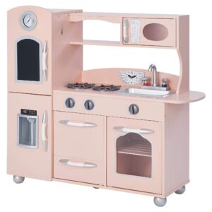 teamson kids little chef wooden westchester retro kids play kitchen playset, for toddlers child children boy girl, pink