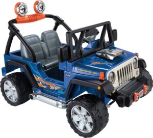 power wheels hot wheels jeep wrangler ride-on battery powered vehicle with music sounds & storage for preschool kids ages 3+ years