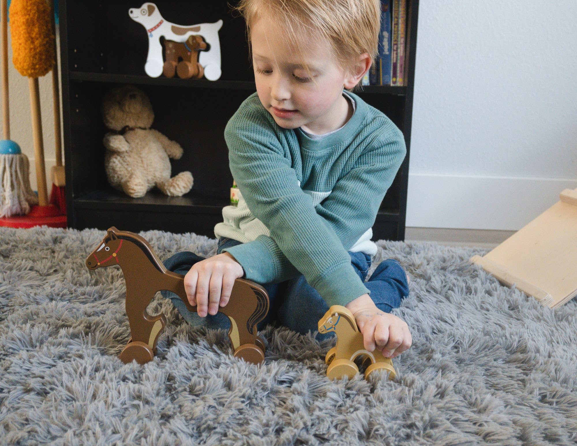 Jack Rabbit Creations Big & Little Horse Push Toy Adorable Nesting Animals Set is 2 Toys in 1 – Classic Rolling Wooden Toy – Develops Hand Eye Coordination & Motor Skills - Ages 18+ Months