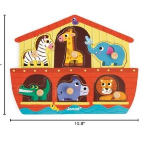 Janod 6 Piece Noah’s Ark Puzzle Themed Wooden Peg Colorful Jigsaw Puzzle - Encourages Shape Recognition, Dexterity, and Language Development - Preschool Kids and Toddlers 18 Months+