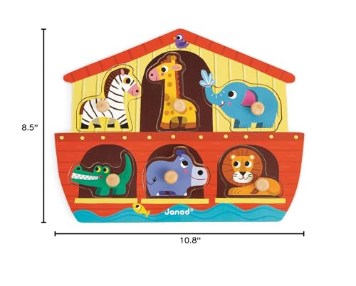 Janod 6 Piece Noah’s Ark Puzzle Themed Wooden Peg Colorful Jigsaw Puzzle - Encourages Shape Recognition, Dexterity, and Language Development - Preschool Kids and Toddlers 18 Months+