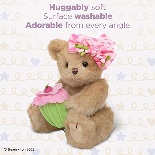 Bearington Casey The Birthday Cake Bear: 10” Tall Stuffed Teddy with Ultra-Soft Faux-Fur, Expressive Face, Adorable Hair Bow and Plush Cupcake, Machine Washable, Birthday Gift for Kids or Adults