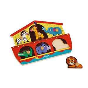 Janod 6 Piece Noah’s Ark Puzzle Themed Wooden Peg Colorful Jigsaw Puzzle - Encourages Shape Recognition, Dexterity, and Language Development - Preschool Kids and Toddlers 18 Months+