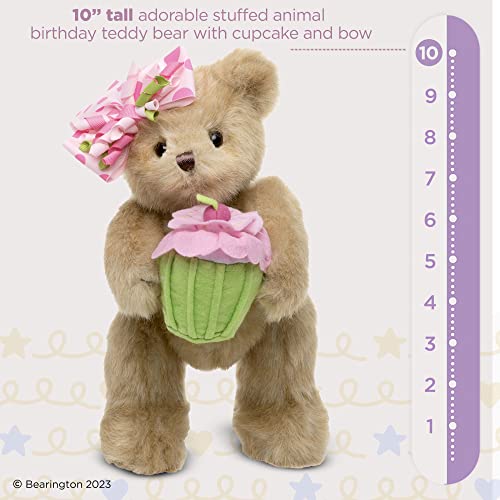 Bearington Casey The Birthday Cake Bear: 10” Tall Stuffed Teddy with Ultra-Soft Faux-Fur, Expressive Face, Adorable Hair Bow and Plush Cupcake, Machine Washable, Birthday Gift for Kids or Adults