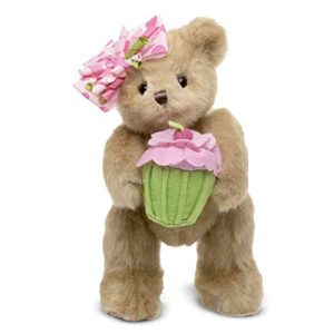 bearington casey the birthday cake bear: 10” tall stuffed teddy with ultra-soft faux-fur, expressive face, adorable hair bow and plush cupcake, machine washable, birthday gift for kids or adults