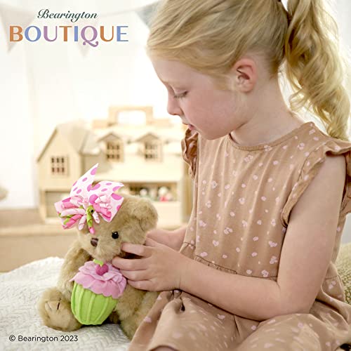 Bearington Casey The Birthday Cake Bear: 10” Tall Stuffed Teddy with Ultra-Soft Faux-Fur, Expressive Face, Adorable Hair Bow and Plush Cupcake, Machine Washable, Birthday Gift for Kids or Adults