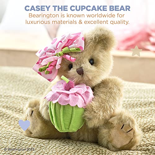 Bearington Casey The Birthday Cake Bear: 10” Tall Stuffed Teddy with Ultra-Soft Faux-Fur, Expressive Face, Adorable Hair Bow and Plush Cupcake, Machine Washable, Birthday Gift for Kids or Adults