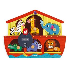 Janod 6 Piece Noah’s Ark Puzzle Themed Wooden Peg Colorful Jigsaw Puzzle - Encourages Shape Recognition, Dexterity, and Language Development - Preschool Kids and Toddlers 18 Months+