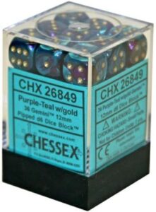 chessex chx26849 dice - gemini: 36d6 purple/teal/gold