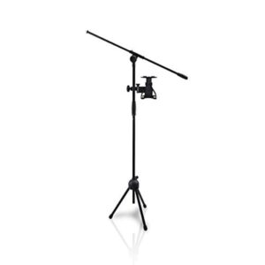 pyle 2-in-1 microphone and tablet stand - adjustable telescopic column, 4.7” to 8.7” tall, powder coated black finish, universal microphone stand with tablet holder - pyle pmkspad5