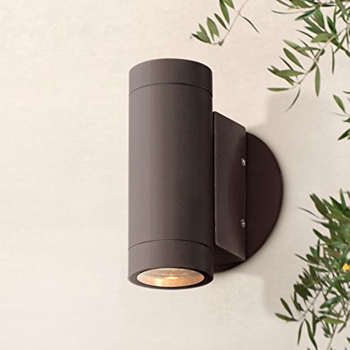 Possini Euro Design Modern Sconce Outdoor Wall Light Fixture Matte Bronze Cylinder 6 1/2" Tempered Glass Lens Up Down Decor for Exterior House Porch Patio Outside Deck Garage Front Door Garden Home