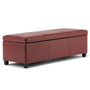 simplihome avalon 48 inch wide contemporary rectangle storage ottoman bench in red vegan faux leather, assembled, for the living room, entryway and family room