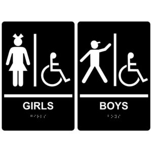 compliancesigns.com girls boys wheelchair accessible restroom sign set, ada-compliant braille and raised letters, 9x6 in. black acrylic for bathrooms