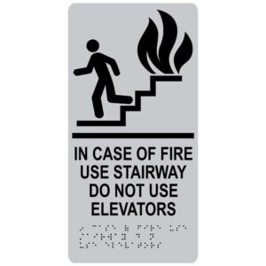 compliancesigns.com in case of fire use stairway sign, ada-compliant braille and raised letters, 12x6 in. black on silver acrylic with mounting strips