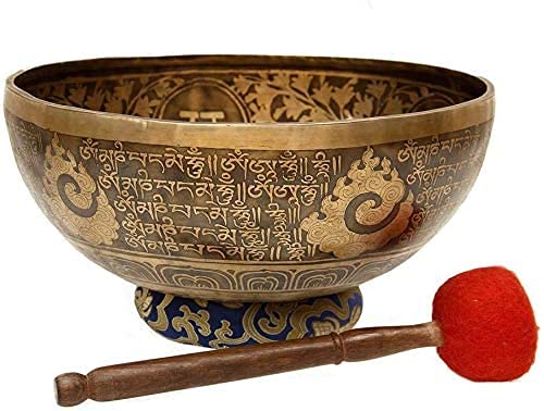 NHH 12 Inches Healing Mantra Carved Meditation Tibetan Singing Bowl, Hand Hammered Singing Bowls with Cushion & Mallet Striker