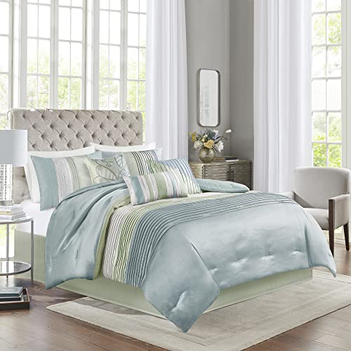 Madison Park Amherst Faux Silk Comforter Set-Casual Contemporary Design All Season Down Alternative Bedding, Matching Shams, Bedskirt, Decorative Pillows, Queen(90"x90"), Green, 7 Piece (MP10-846)