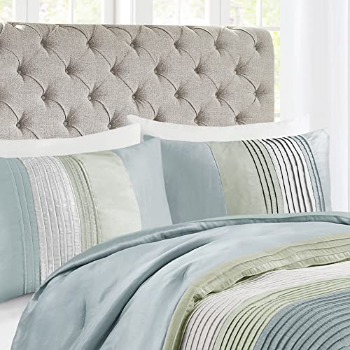 Madison Park Amherst Faux Silk Comforter Set-Casual Contemporary Design All Season Down Alternative Bedding, Matching Shams, Bedskirt, Decorative Pillows, Queen(90"x90"), Green, 7 Piece (MP10-846)