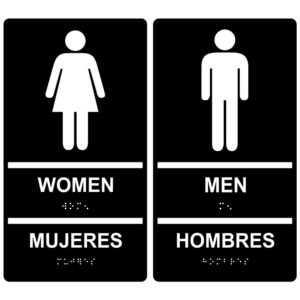 compliancesigns.com women men restroom sign set, bilingual ada-compliant braille and raised letters, 11x6 in. black acrylic plastic for bathrooms