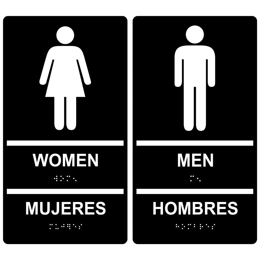 ComplianceSigns.com Women Men Restroom Sign Set, Bilingual ADA-Compliant Braille and Raised Letters, 11x6 in. Black Acrylic Plastic for Bathrooms