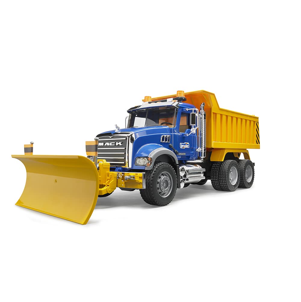 Bruder 02825 Mack Granite Dump Truck with Snow Plow Blade for Construction and Farm Pretend Play with Light & Sound Module