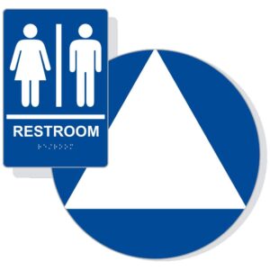 compliancesigns.com unisex restroom sign set for california title 24 and ada braille, 2 pieces for wall and door, 12 in. white on blue acrylic