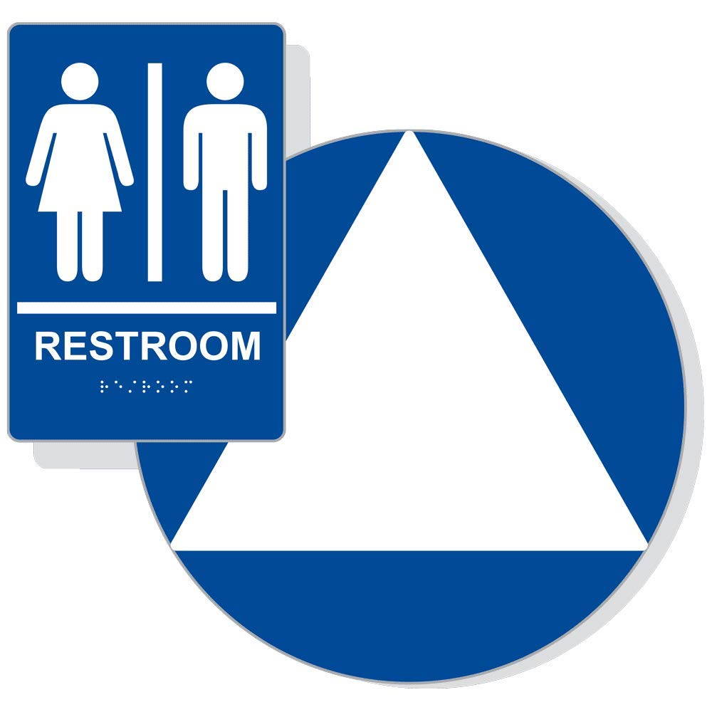 ComplianceSigns.com Unisex Restroom Sign Set for California Title 24 and ADA Braille, 2 Pieces for Wall and Door, 12 in. White on Blue Acrylic