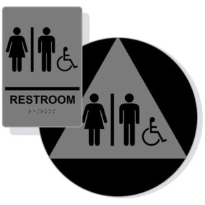 compliancesigns.com accessible unisex restroom sign set for door and wall, ada-compliant braille and raised letters, 12 inch gray acrylic with mounting strips