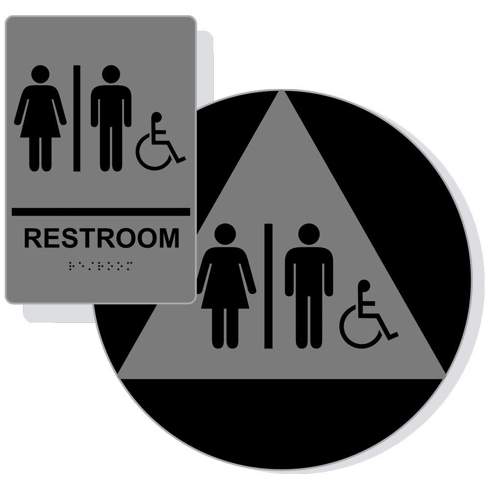 ComplianceSigns.com Accessible Unisex Restroom Sign Set for Door and Wall, ADA-Compliant Braille and Raised Letters, 12 inch Gray Acrylic with Mounting Strips