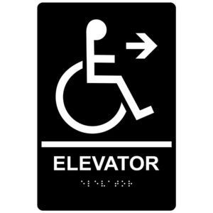 compliancesigns.com accessible elevator right sign, ada-compliant braille and raised letters, 9x6 in. black acrylic plastic with mounting strips